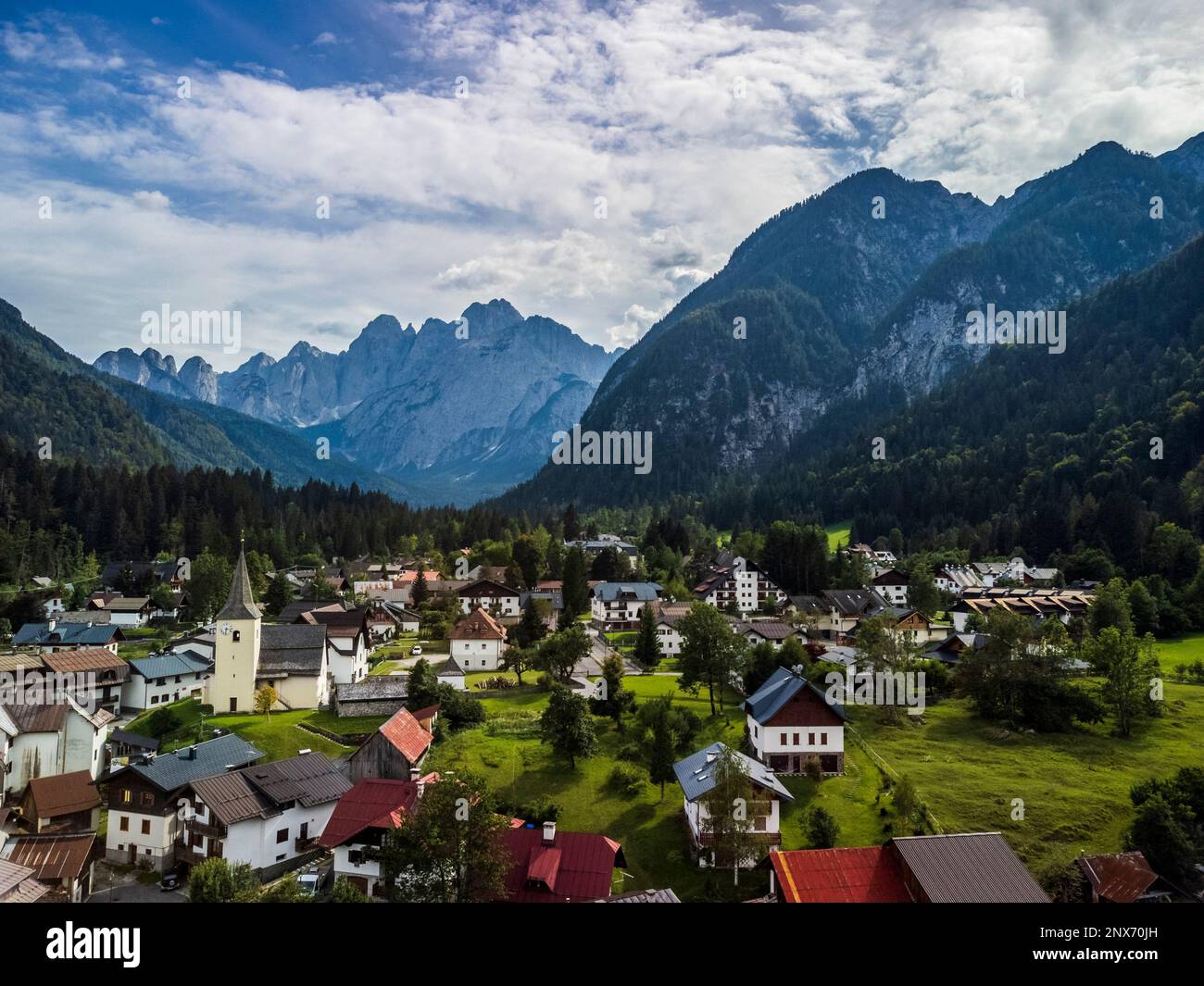 The mountain town of Valbruna and the Julian Alps. Dream nature. Friuli ...