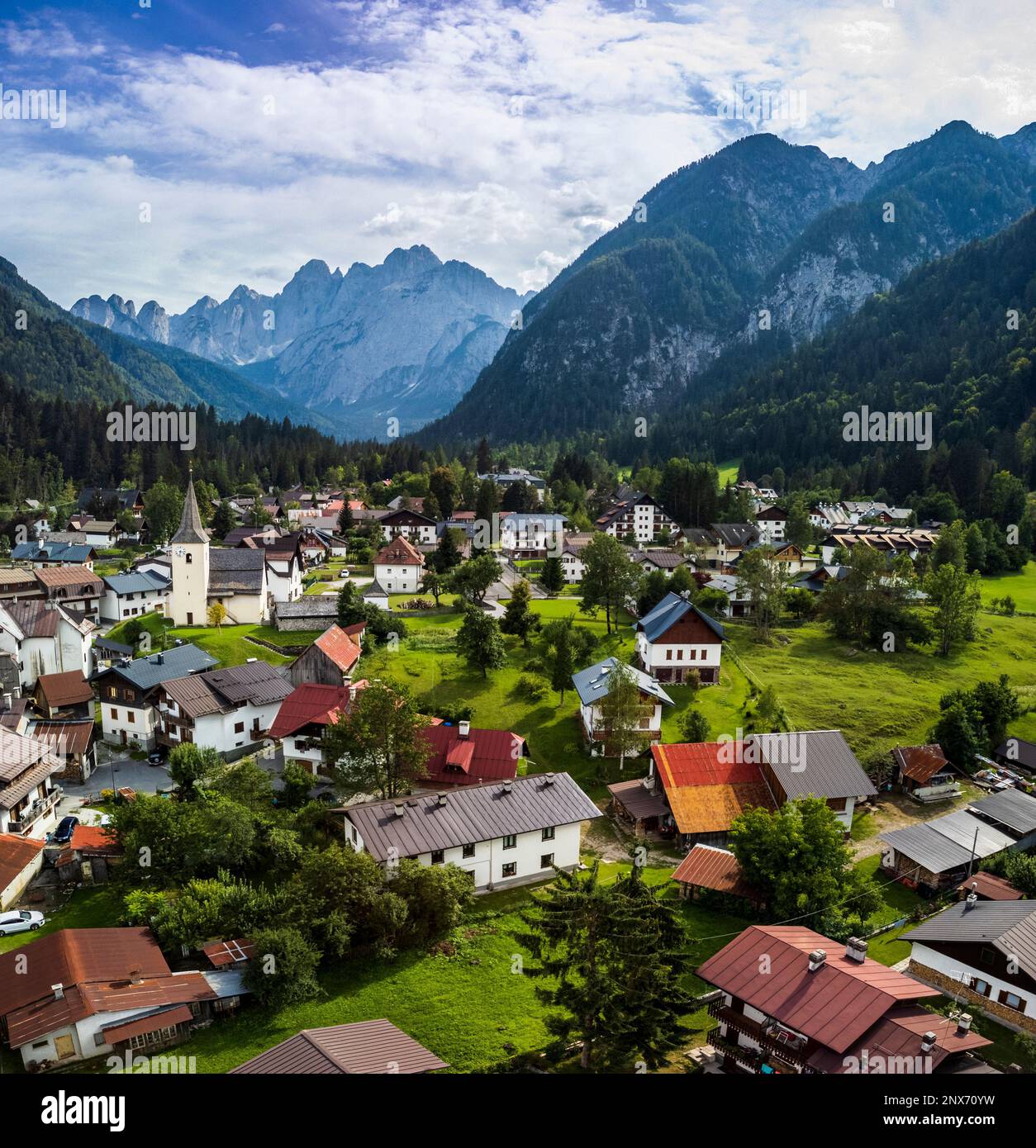 The mountain town of Valbruna and the Julian Alps. Dream nature. Friuli ...