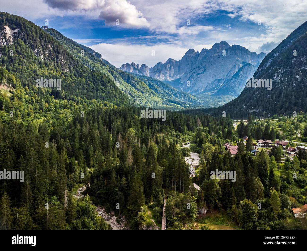 The mountain town of Valbruna and the Julian Alps. Dream nature. Friuli ...