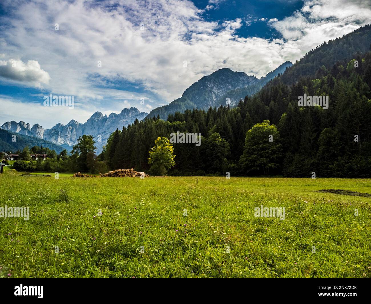 The mountain town of Valbruna and the Julian Alps. Dream nature. Friuli ...
