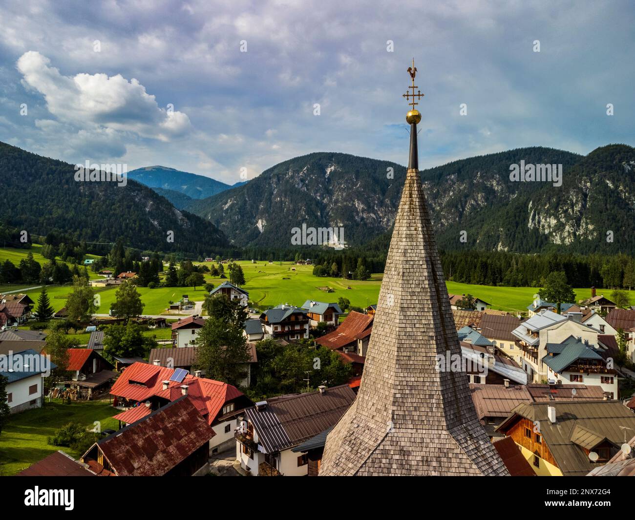 The mountain town of Valbruna and the Julian Alps. Dream nature. Friuli ...