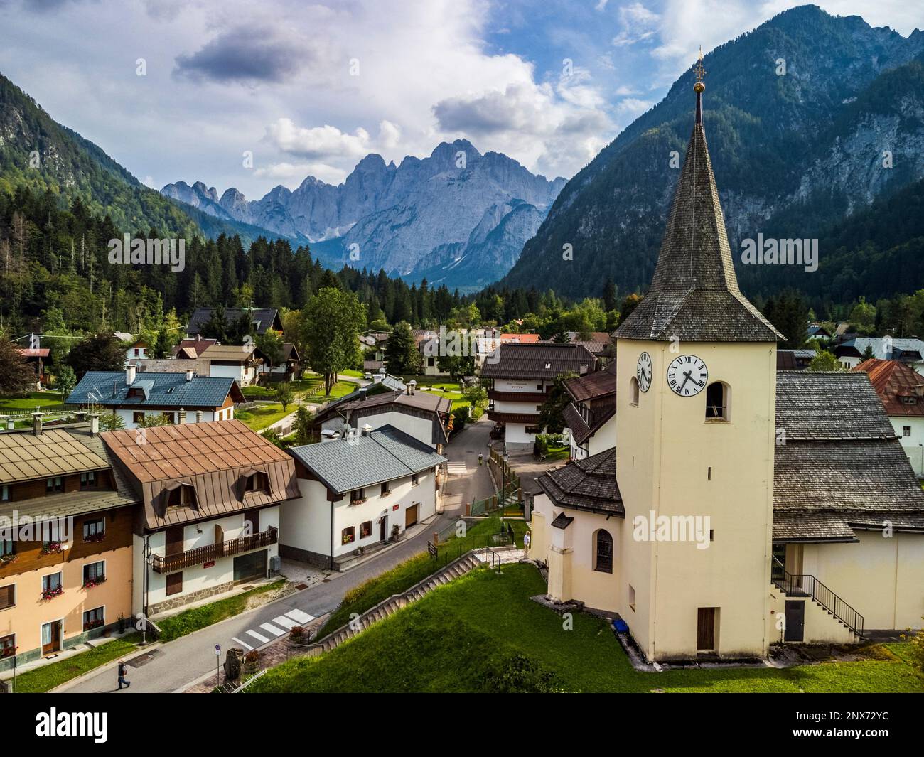 The mountain town of Valbruna and the Julian Alps. Dream nature. Friuli ...