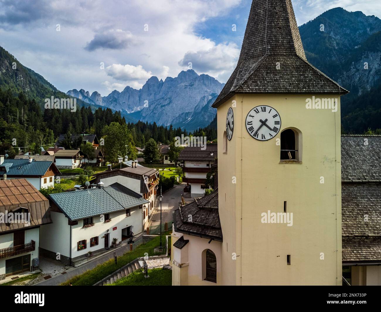 The mountain town of Valbruna and the Julian Alps. Dream nature. Friuli ...