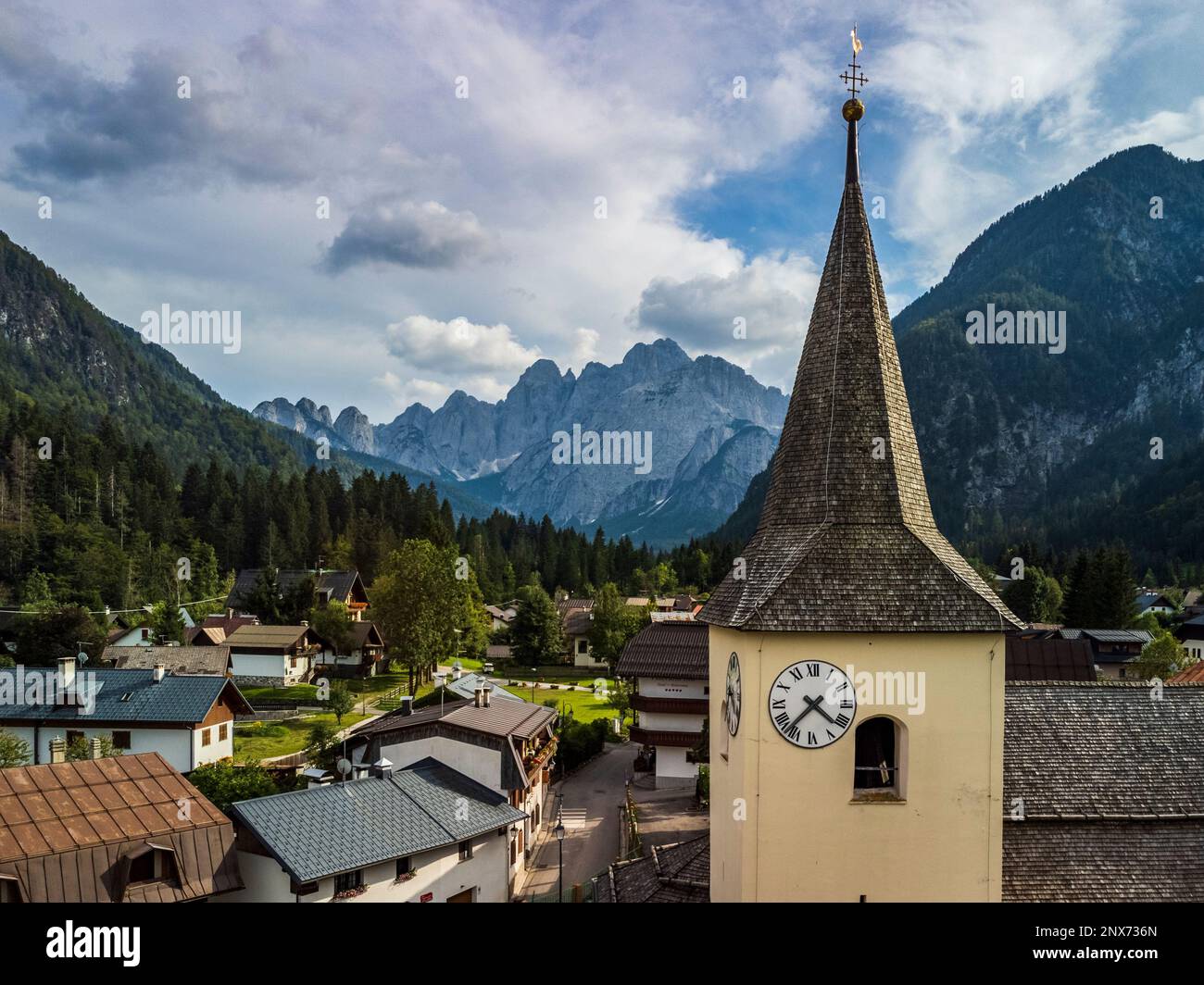 The mountain town of Valbruna and the Julian Alps. Dream nature. Friuli ...