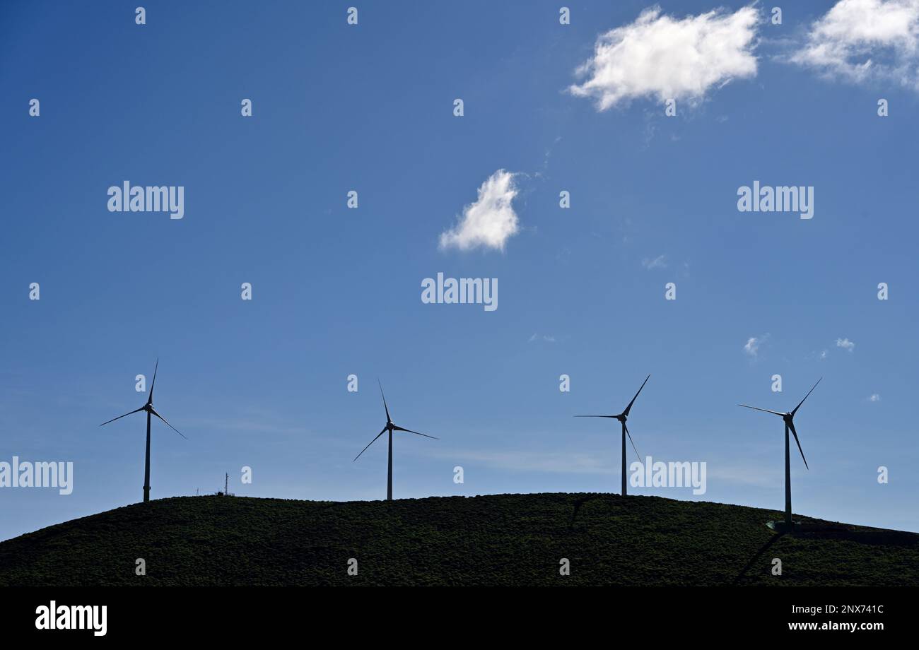 Four wind turbines top of hill silhouetted against blue sky Stock Photo ...