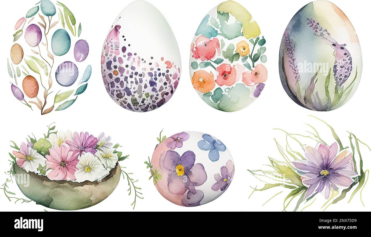 Happy Easter. Watercolor set of hand drawn colored Easter eggs Stock ...
