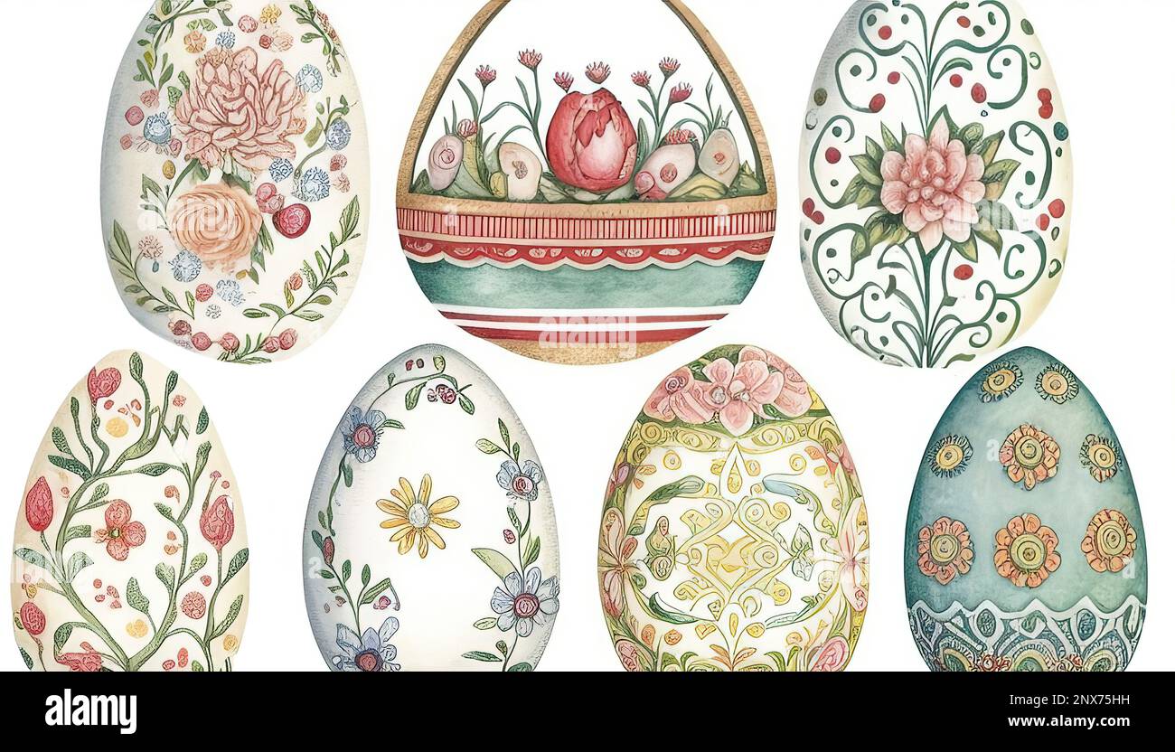 Happy Easter. Watercolor set of hand drawn colored Easter eggs Stock ...