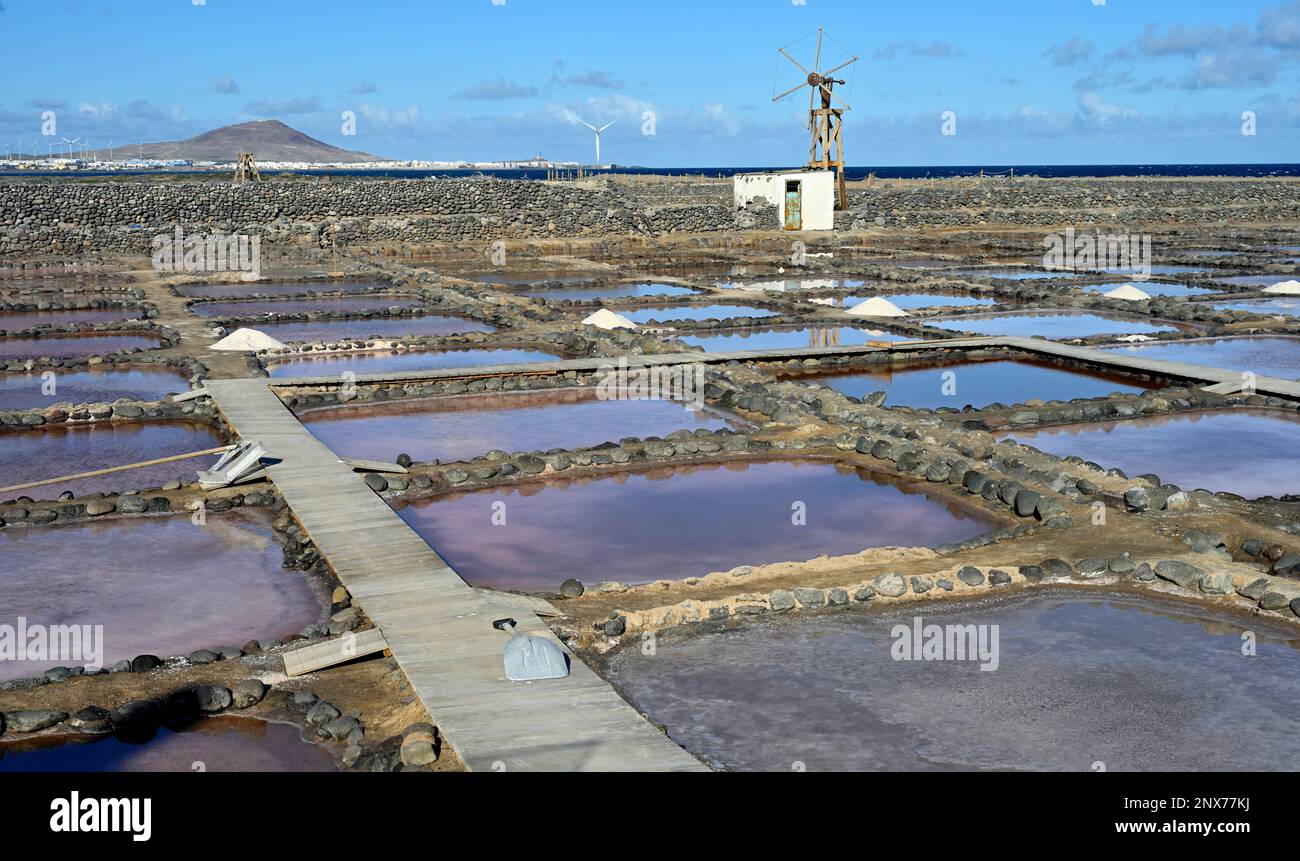 Traditional sea salt evaporation drying pans with walkways between in ...