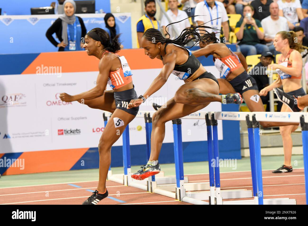 Kendra Harrison (USA) defeats Brianna McNeal aka Brianna Rollins (USA) to win the women's 100m ...
