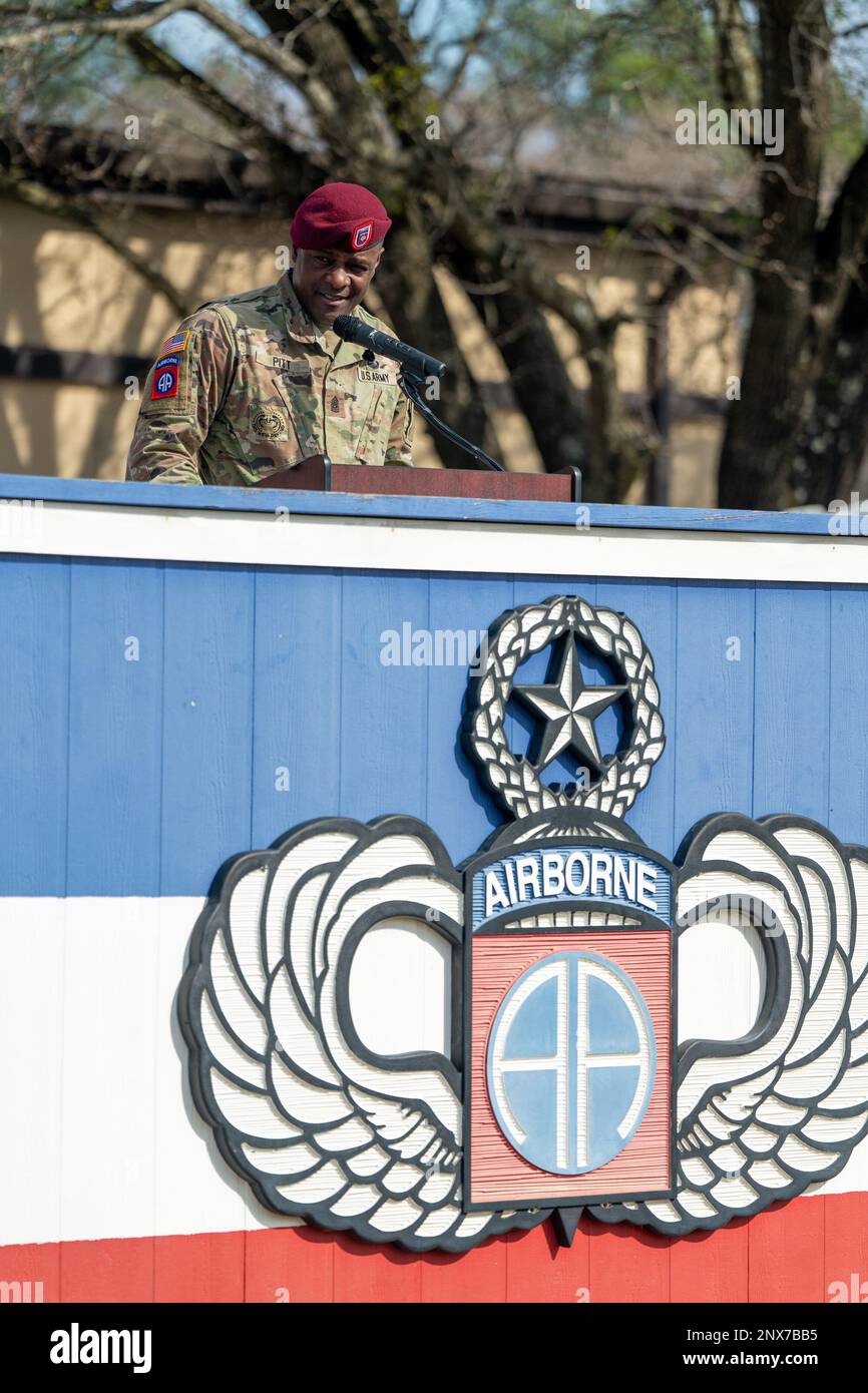 Command Sgt. Maj. David R. Pitt, Division Command Sgt. Maj., speaks during the 82nd Airborne ...