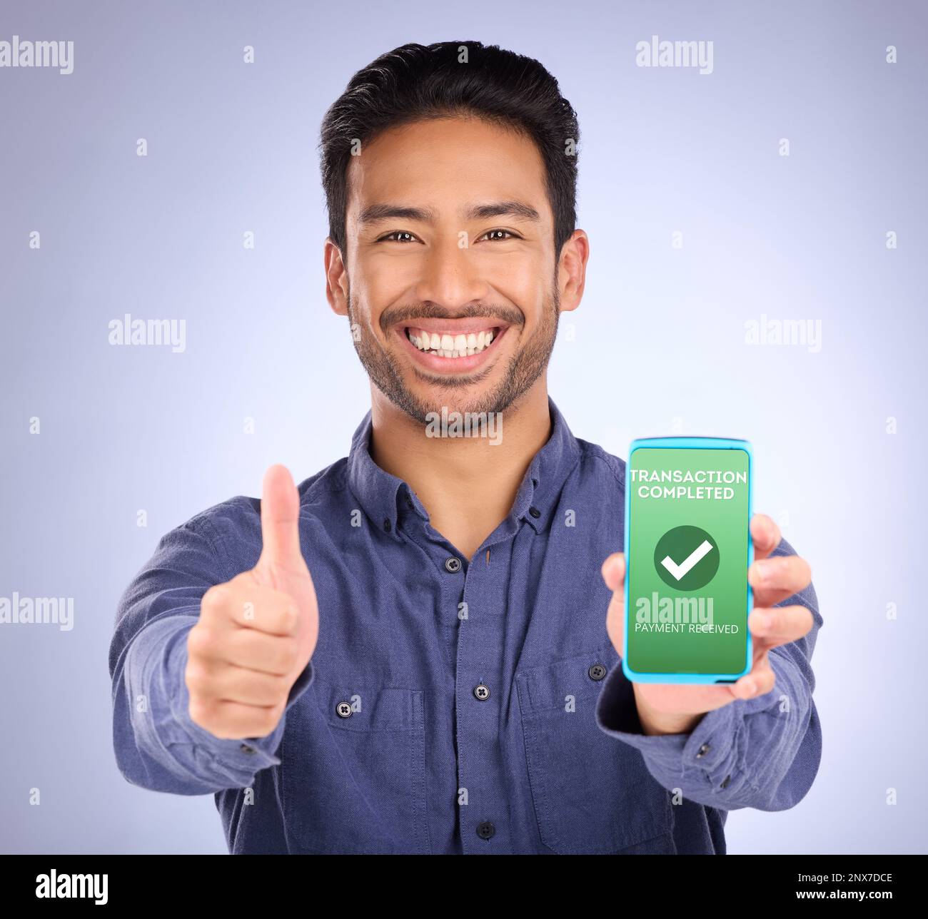 Asian man, phone and thumbs up in payment received ecommerce ...