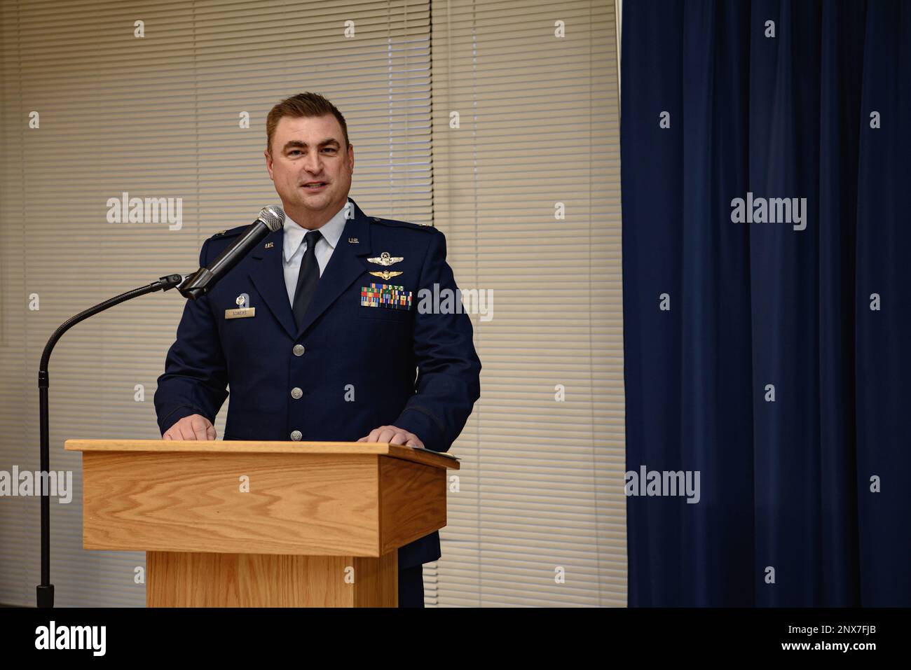 U.S. Air Force Lt. Col. David Sowers, 110th Wing Operations Group commander, addresses those in ...