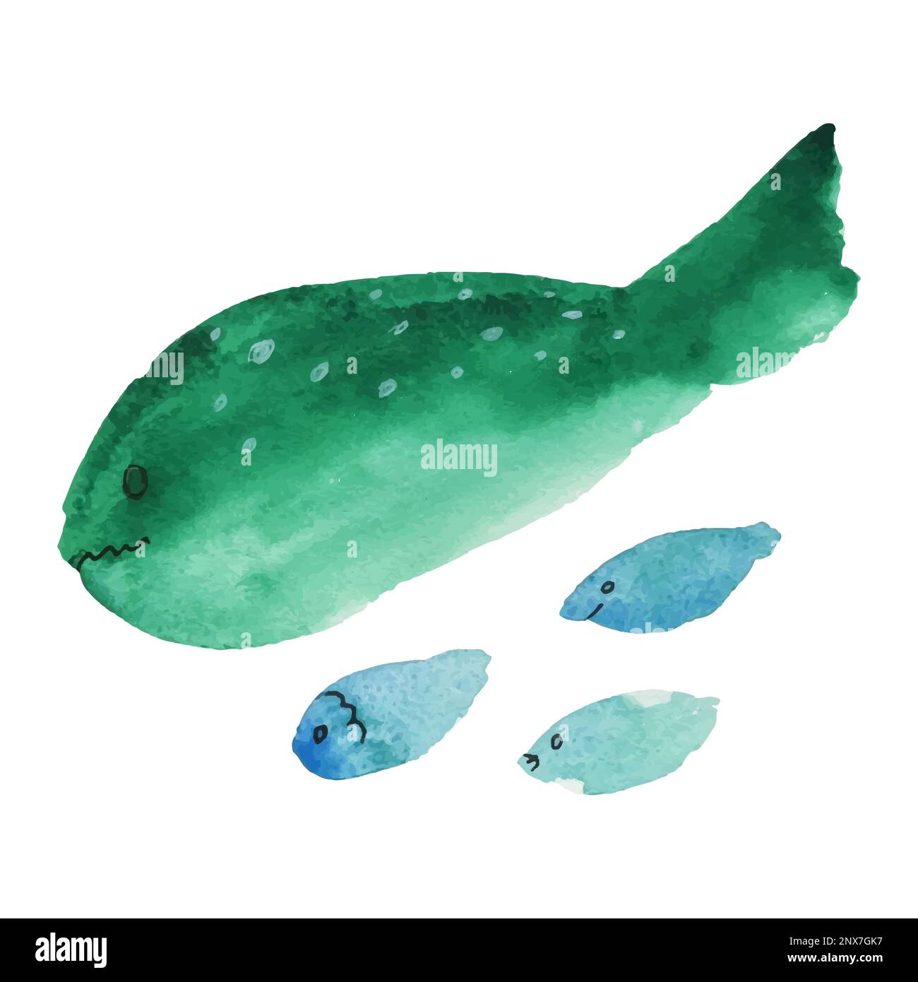 Green whale and fishes. Ocean fauna Cartoon nautical illustration ...