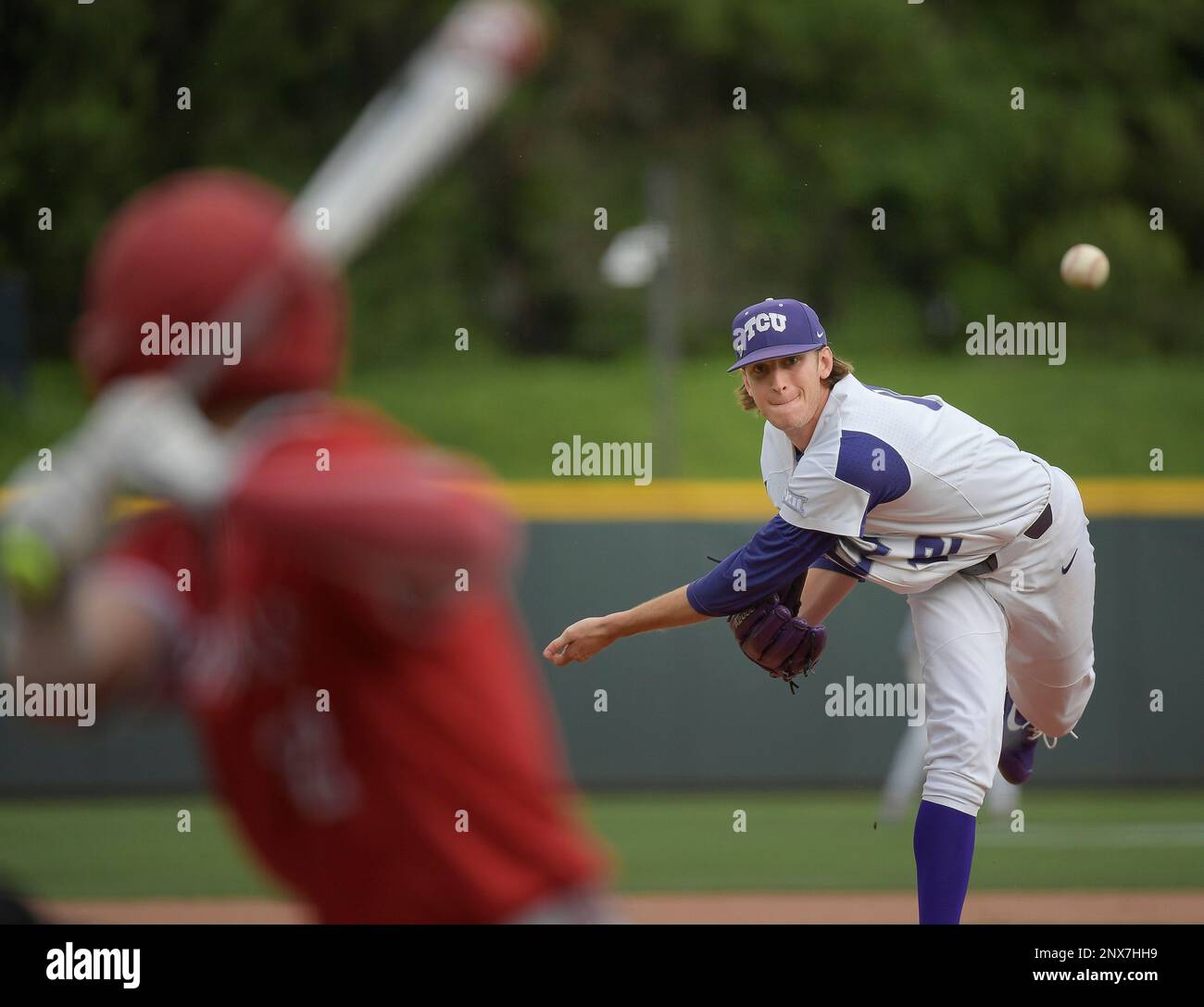 TCU pitcher Nick Lodolo throws to a Lamar batter during a college ...