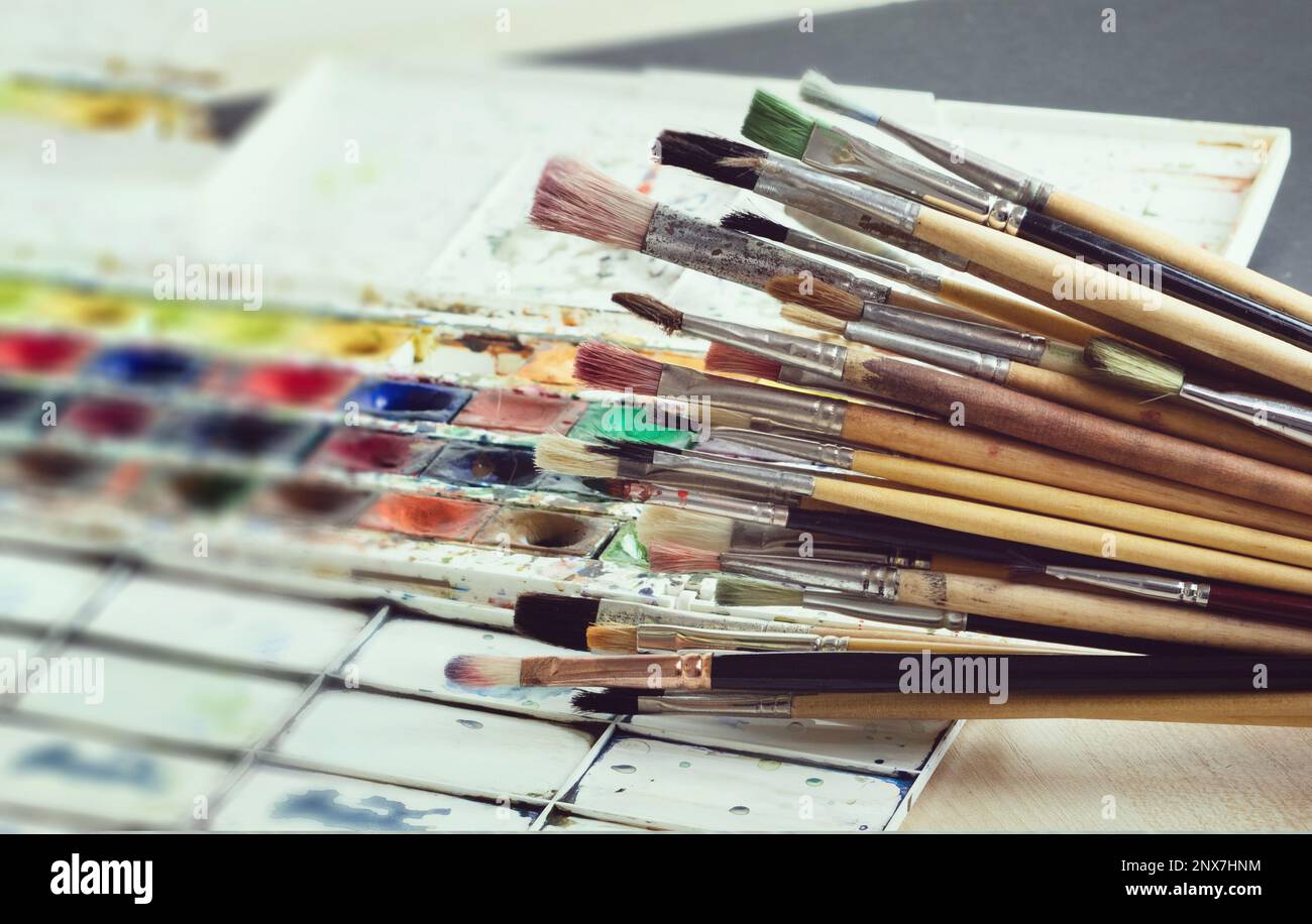 Artist's set of different brushes for painting with paints Stock Photo ...