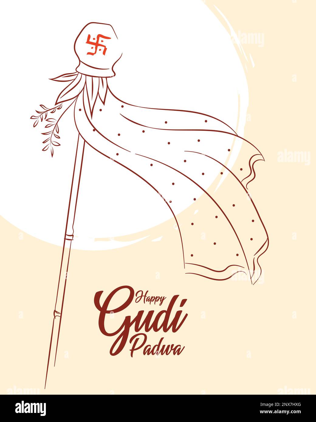 Gudi padwa pot on stick with flower garland. Vector line art ...
