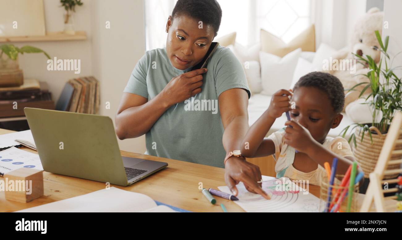 Black woman, laptop and help child with homework, while typing work and ...