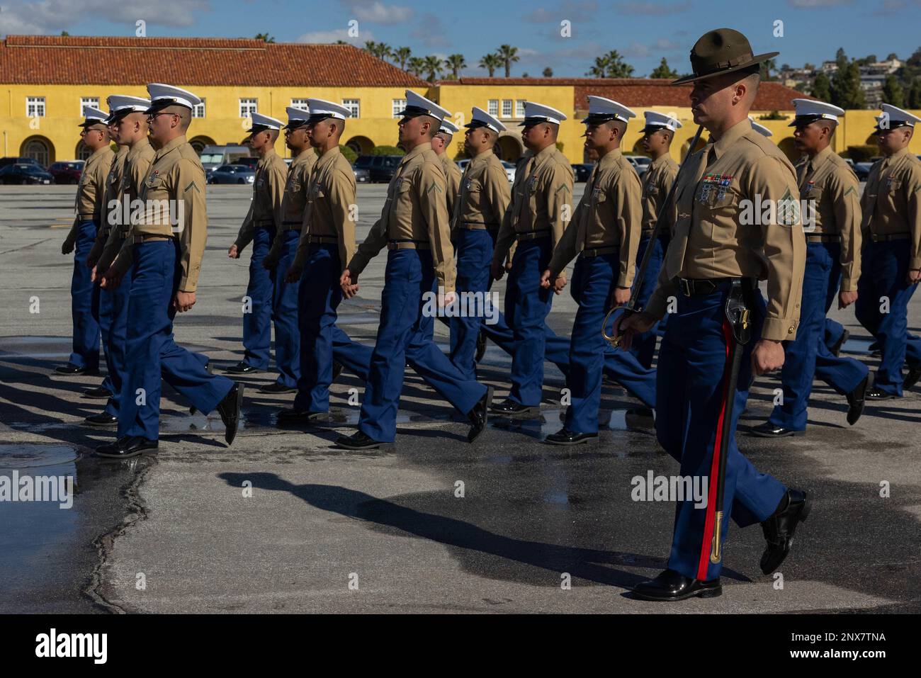 U.S. Marines with Bravo Company, 1st Recruit Training Battalion, march ...