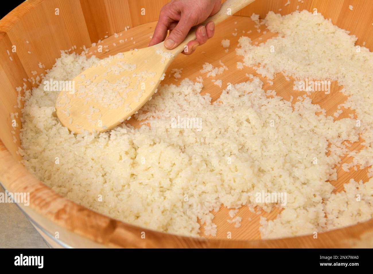 This photo taken on March 17 shows shari vinegared rice at sushi ...