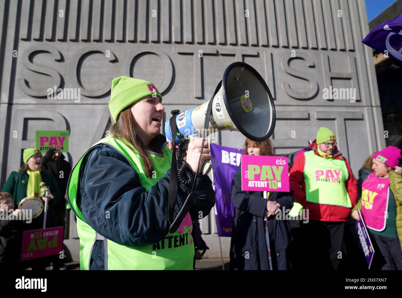 Teachers from the Educational Institute of Scotland (EIS) union take part in a rally outside the ...