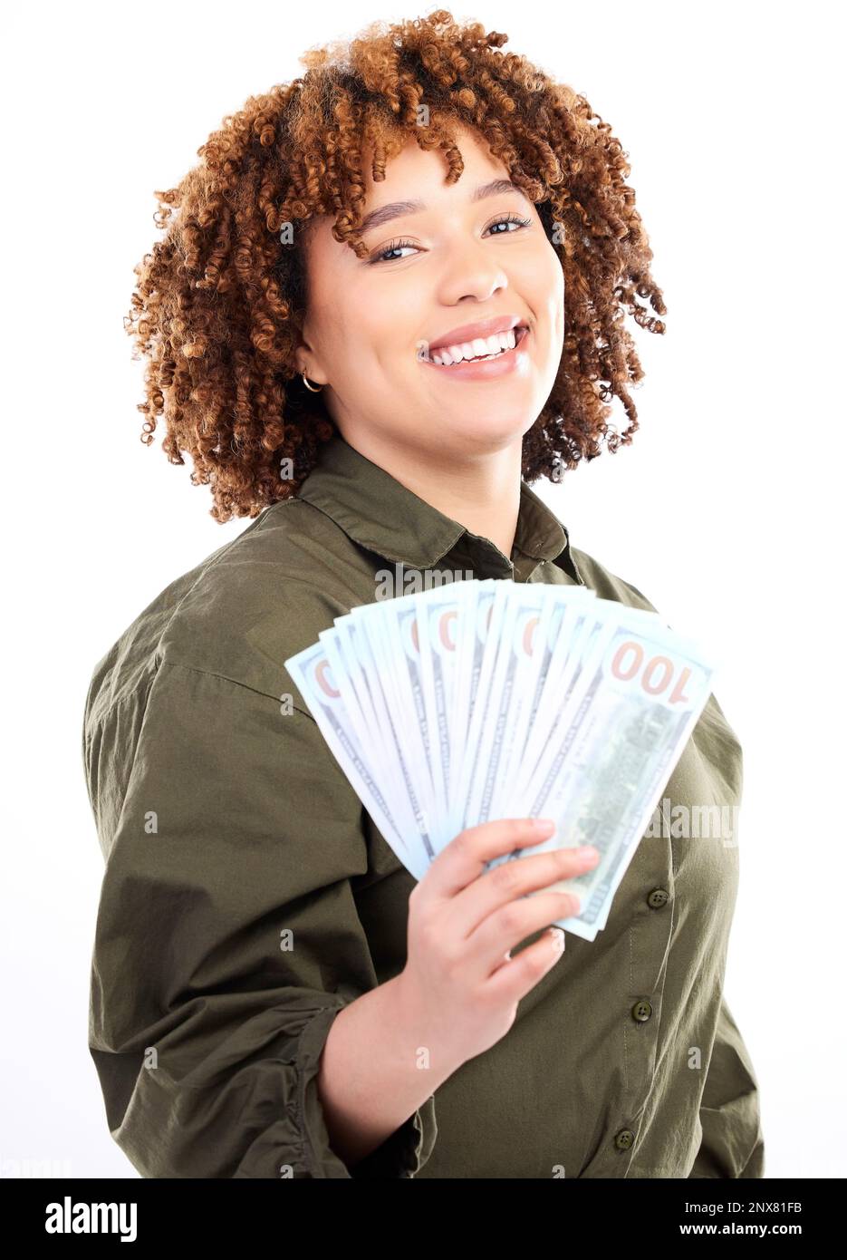 Happy, money and winner with portrait of black woman for investment ...