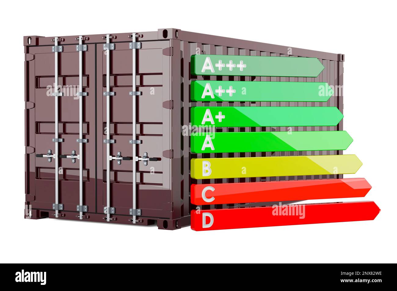 Cargo container with energy efficiency chart, 3D rendering isolated on ...