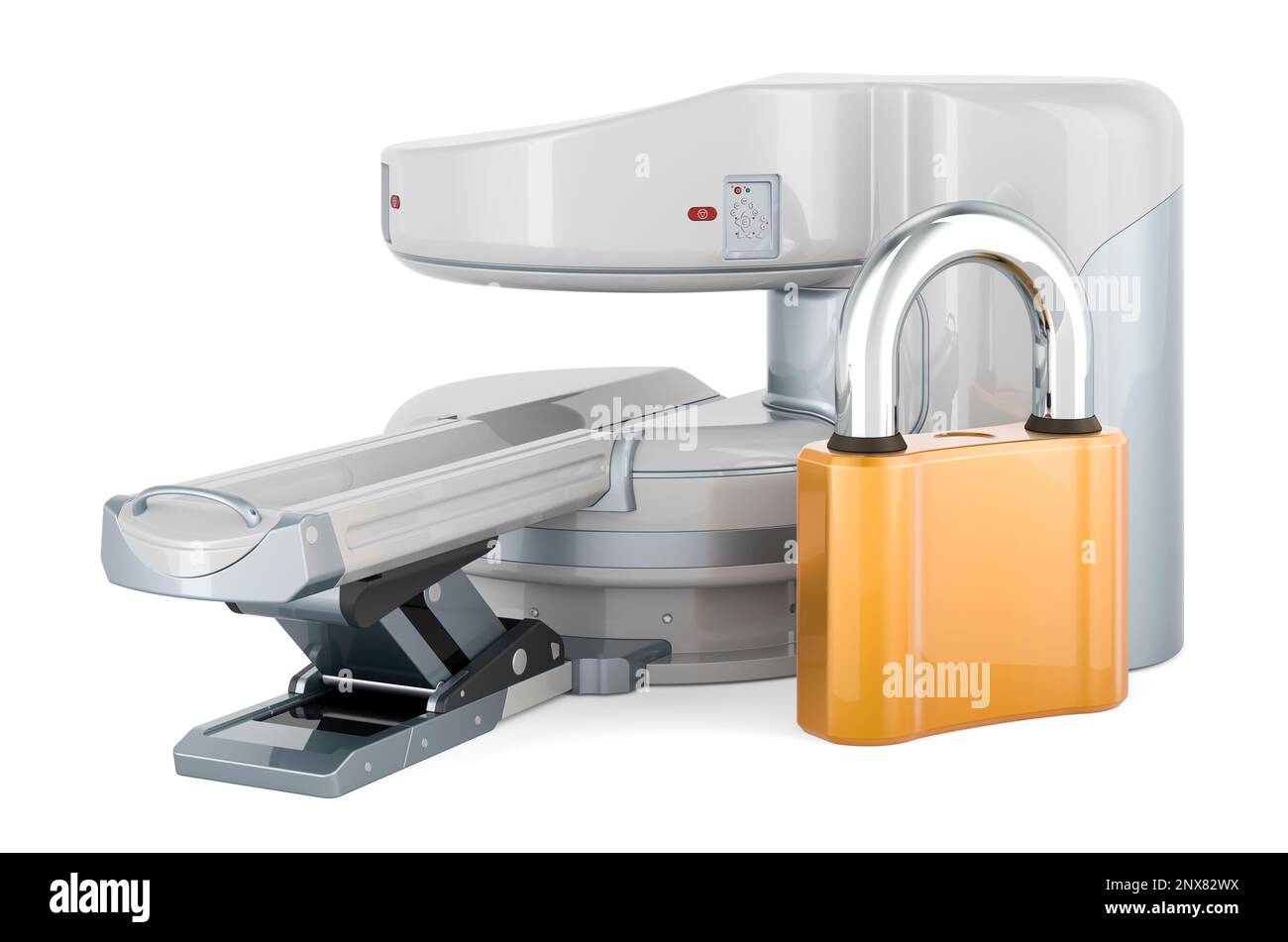 Open MRI Machine with padlock, 3D rendering isolated on white ...
