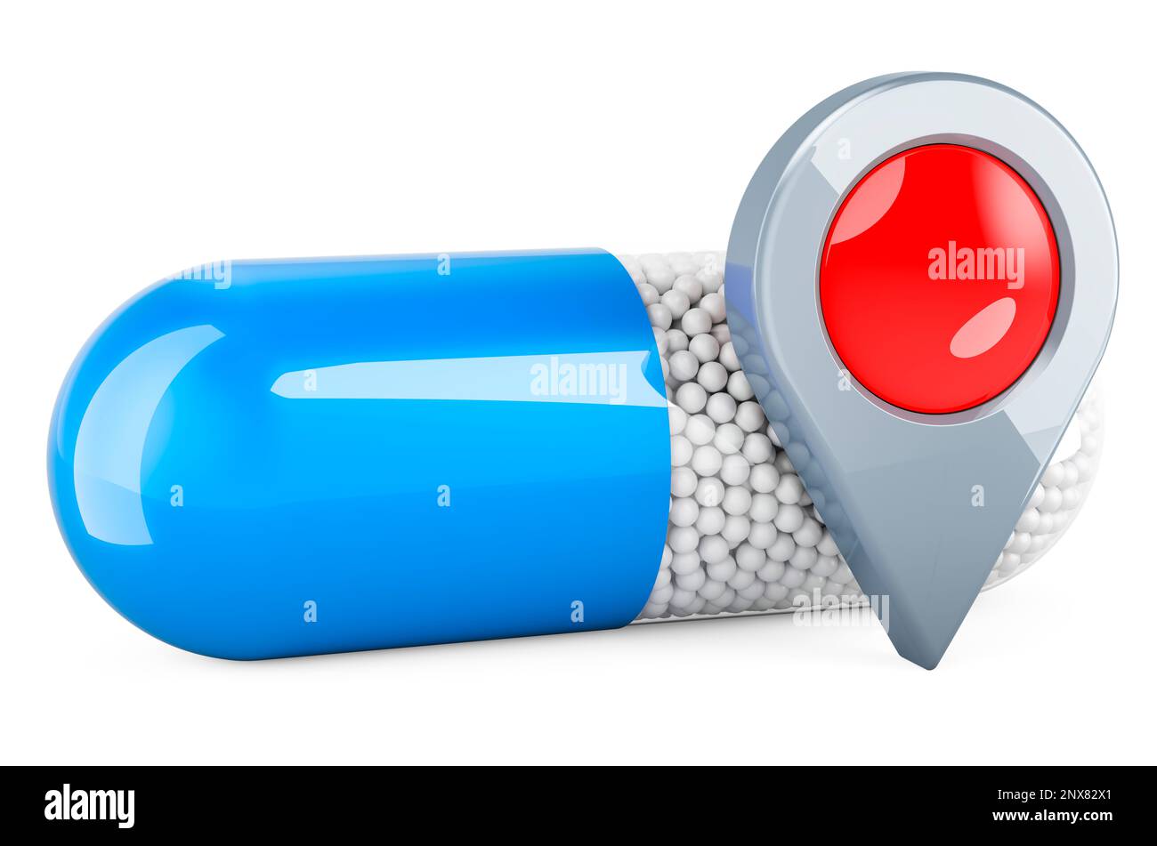 Medicament capsule with map pointer. 3D rendering isolated on white ...