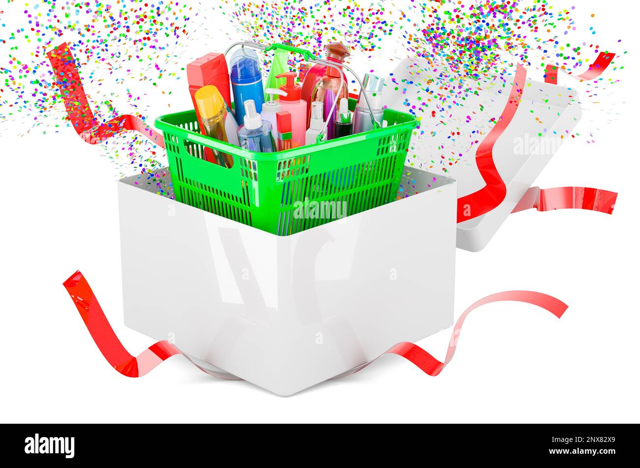 Shopping basket with cosmetic products inside gift box, 3D rendering ...