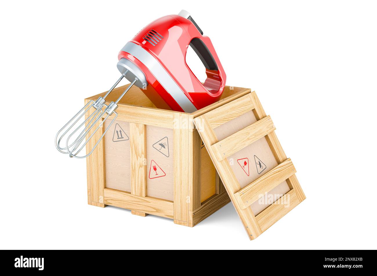 Hand kitchen mixer inside wooden box, delivery concept. 3D rendering ...