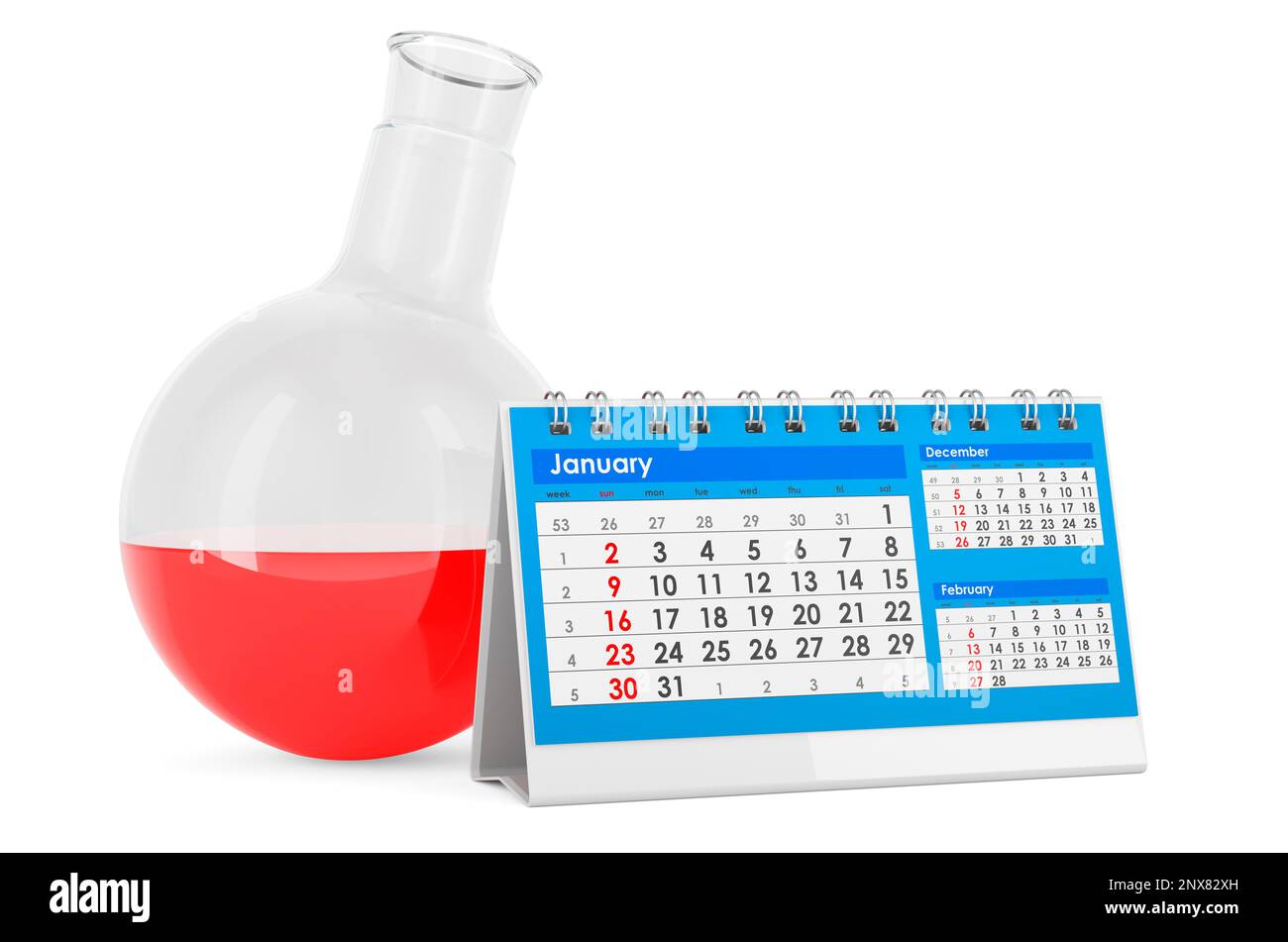 Chemical flask with desk calendar, 3D rendering isolated on white ...