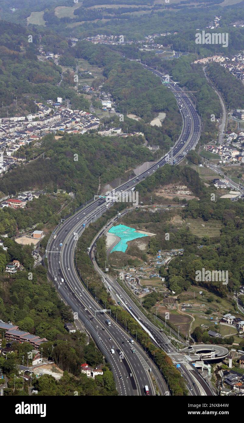 An aerial photo taken in Nishinomiya, Hyogo Prefecture on April 28 ...
