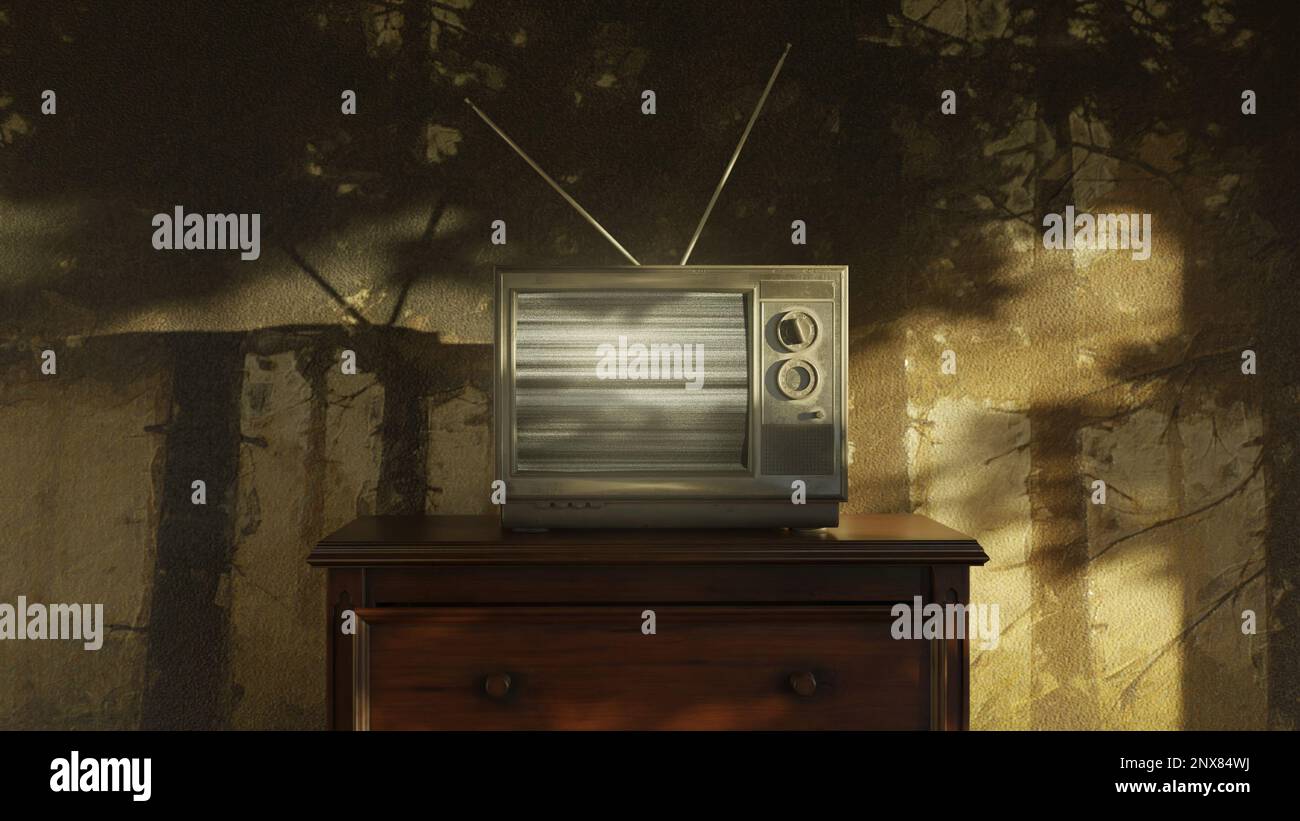 3d rendering of a haunted room with an old television with bright ...