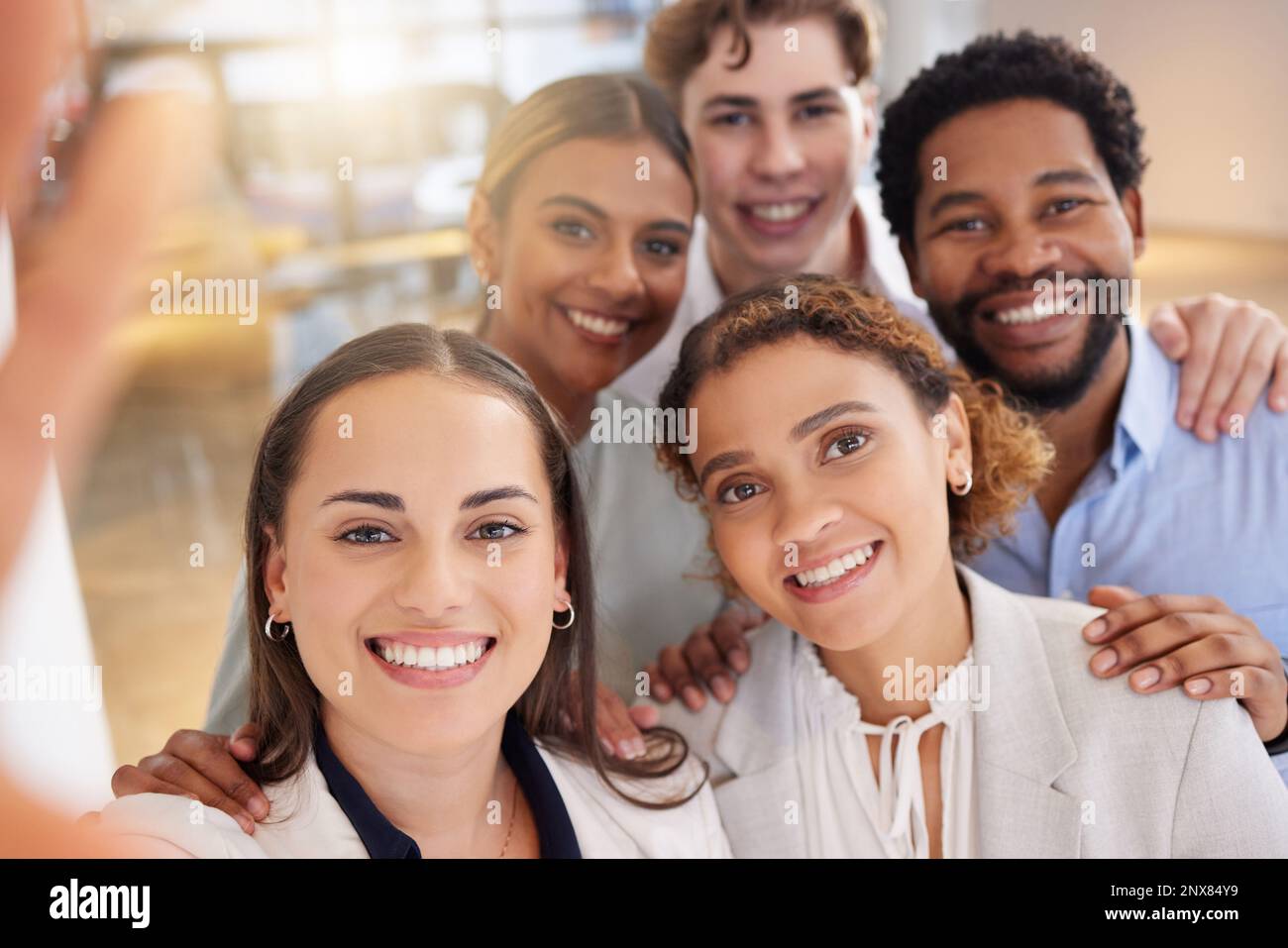 Selfie, group portrait and business people in social media post, online ...