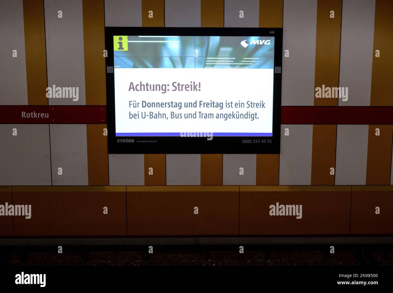 Munich, Germany. 01st Mar, 2023. An info screen with the inscription ...