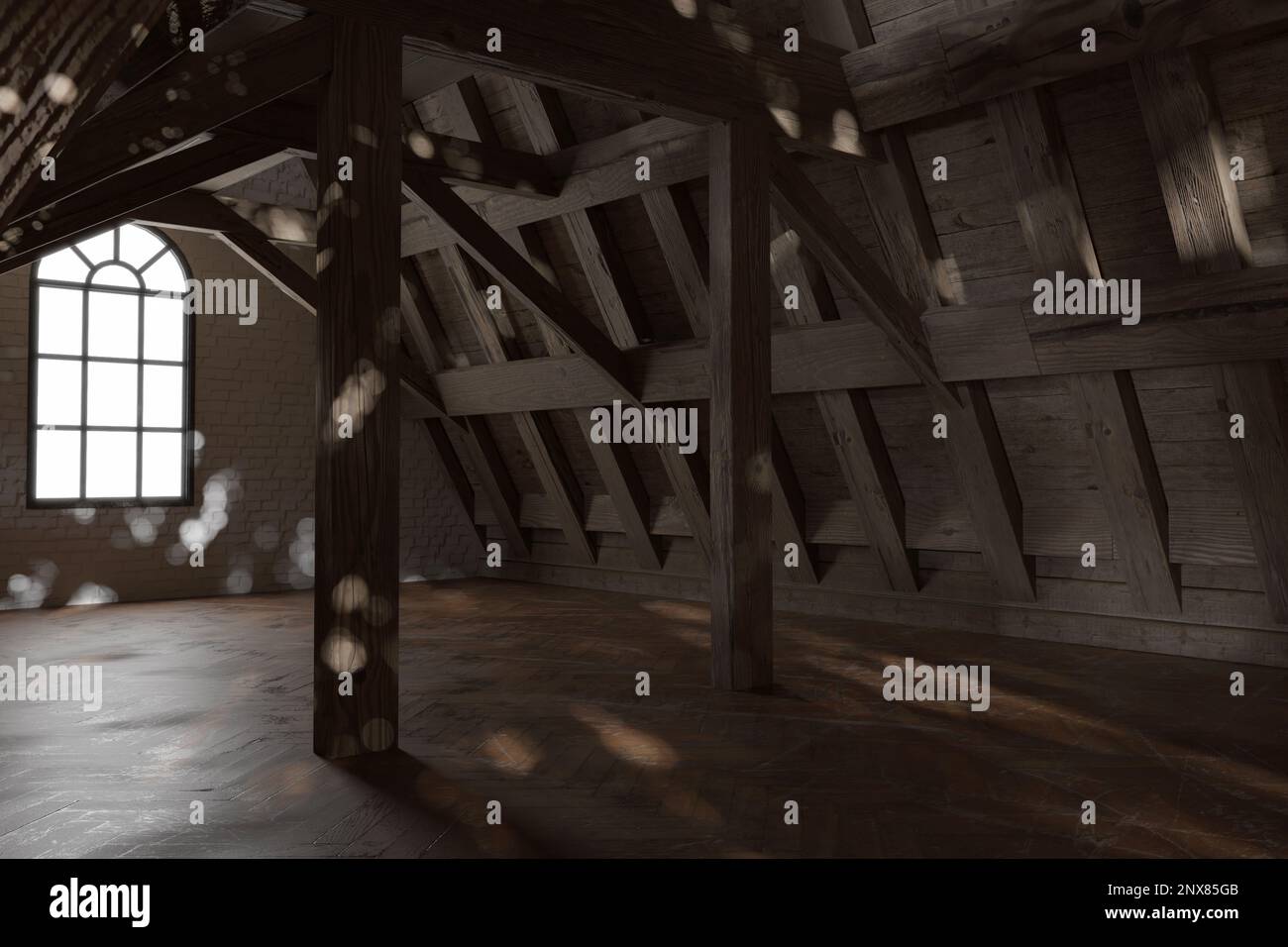3d rendering of wooden attic room with bright sunspots Stock Photo - Alamy