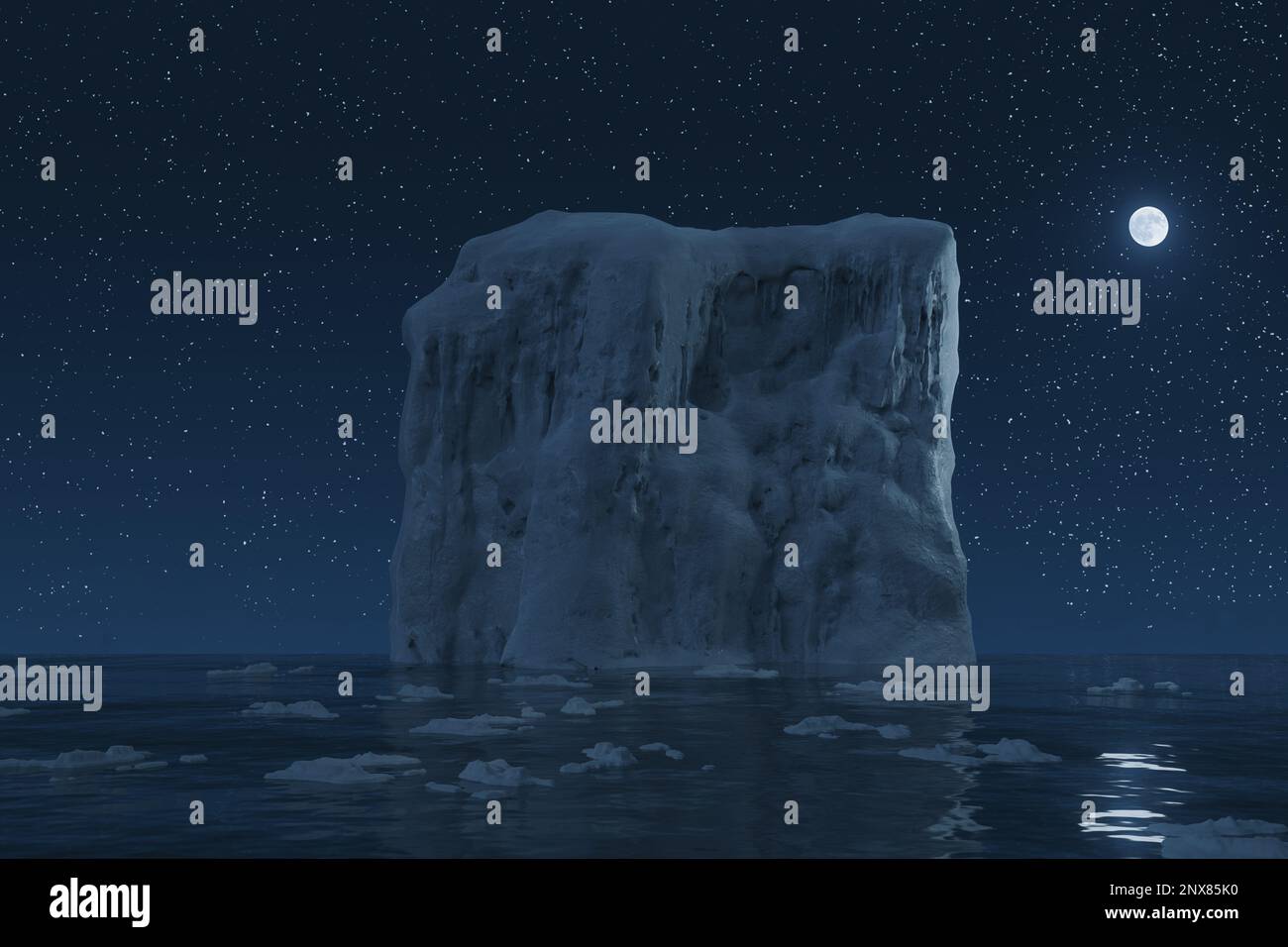 3d rendering of big iceberg surrounded by ice plates and illuminated ...