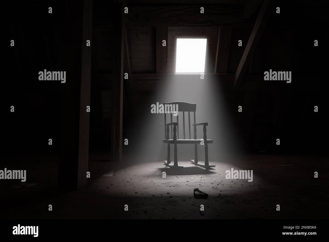 3d rendering of old rocking chair illuminated by light ray at dark ...