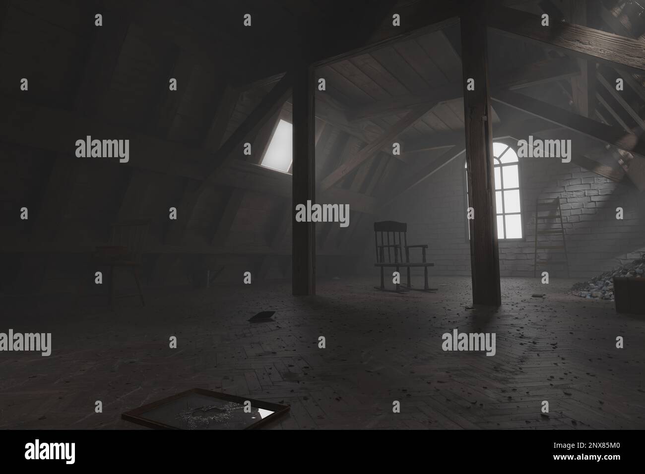 3d rendering of darken empty attic with aged stuff and mystic light ...