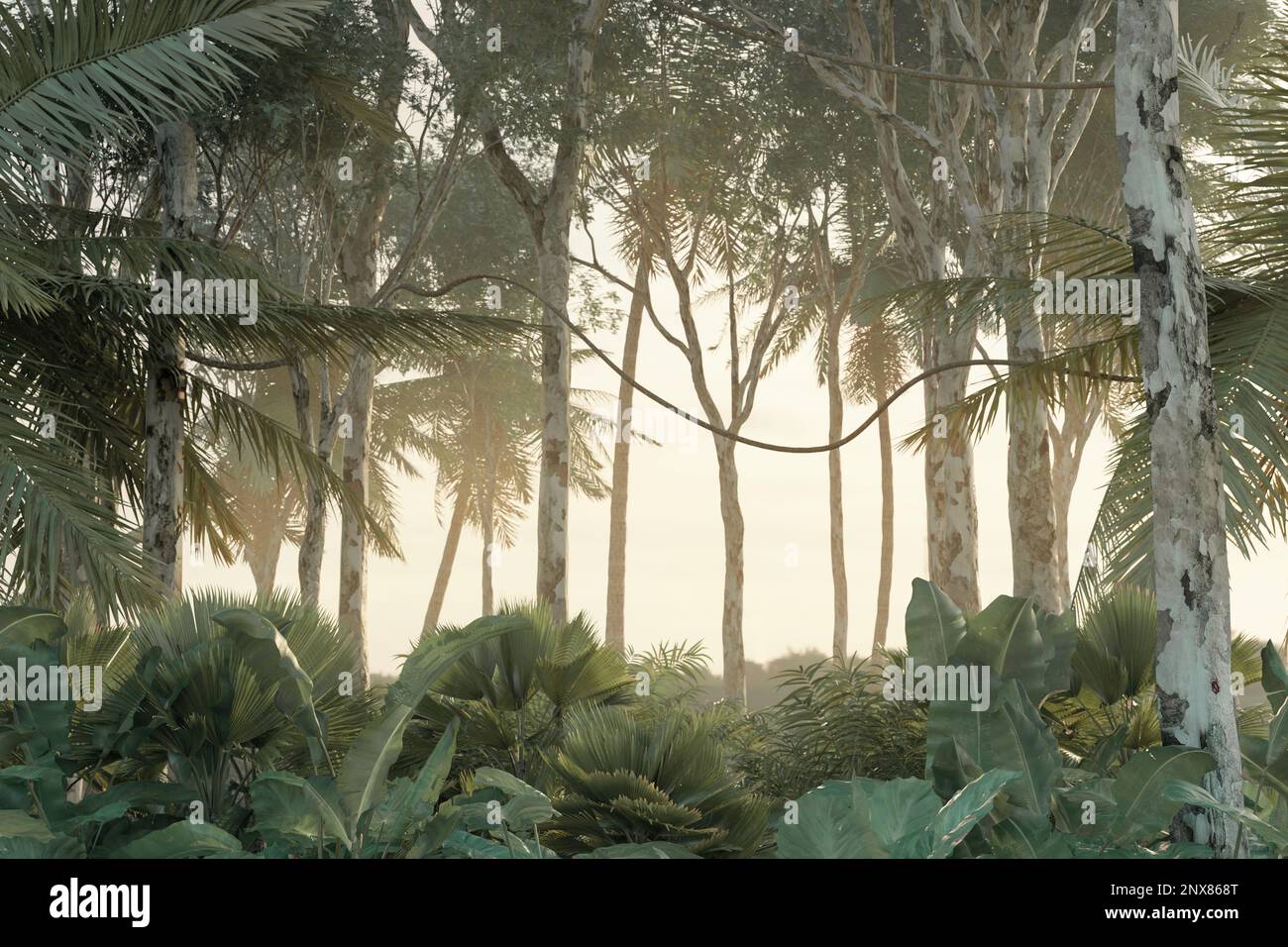 3d rendering of green jungle in the evening sunshine Stock Photo - Alamy
