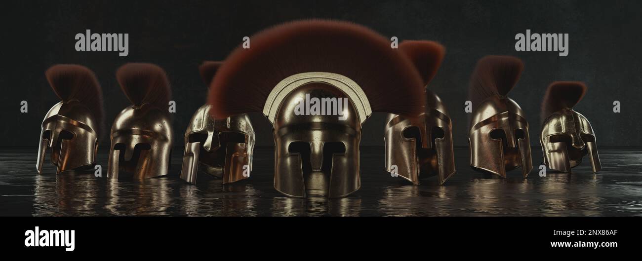 3d rendering of many ancient greek Sparta type helmets layed on ...