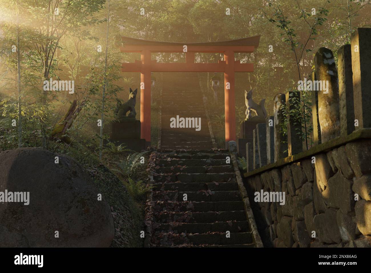 3d rendering of an old japanese shrine with red torii gate and stone ...