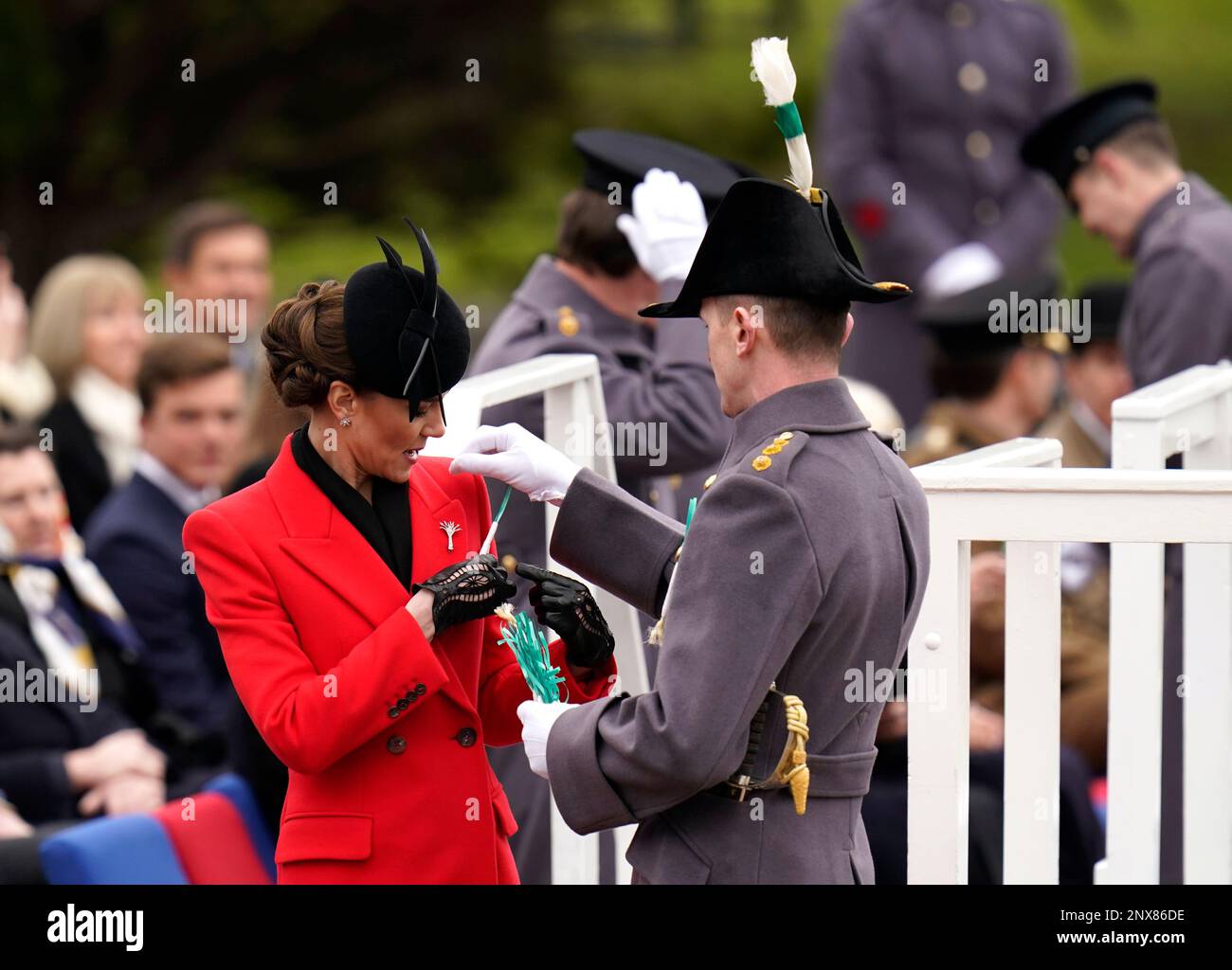 The Princess of Wales is presented with a leek corsage during a visit ...