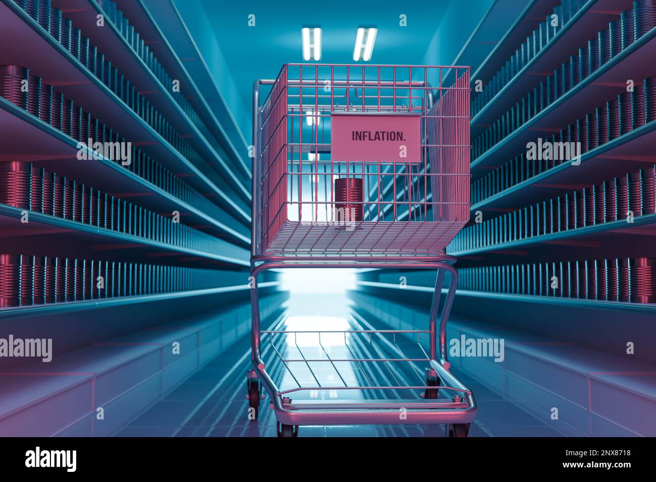 3d rendering of empty shopping trolley labelled with the sign inflation ...