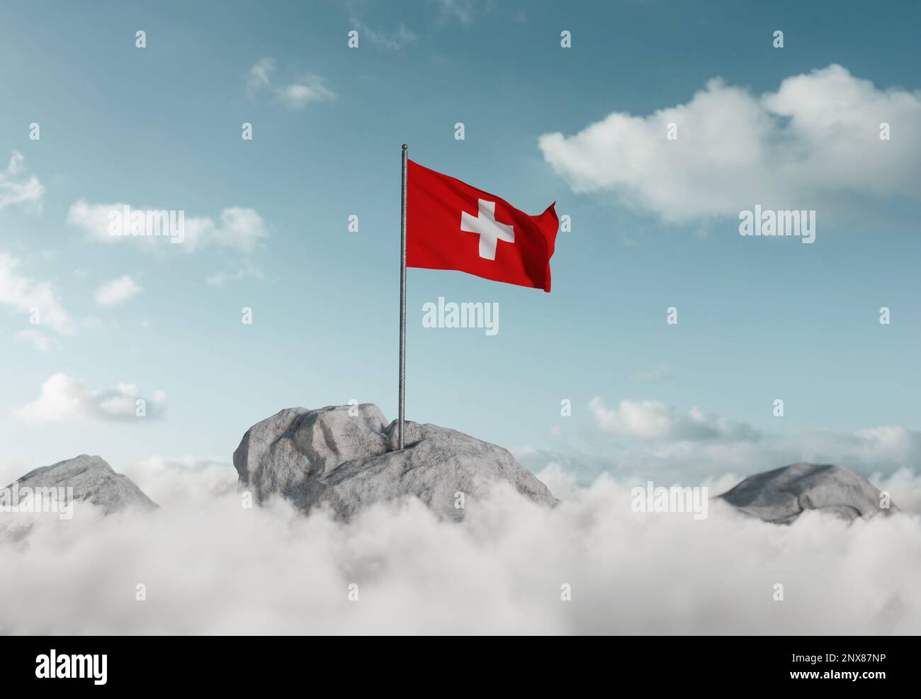 3d rendering of waving Swiss flag above sea of clouds to celebrate the ...