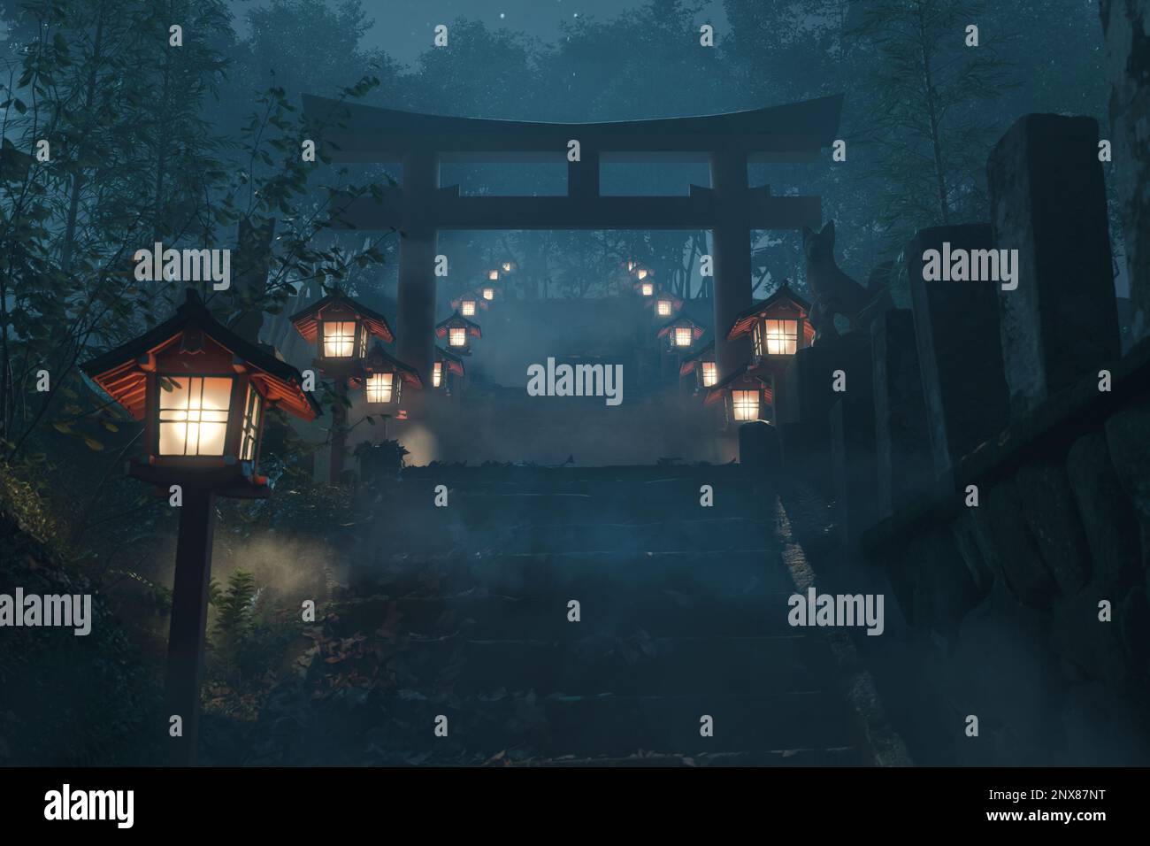 3d rendering of an old japanese shrine with red torii gate and wooden ...