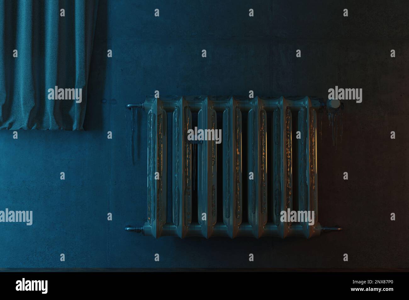 3D rendering of an old heat radiator covered with ice at night Stock ...