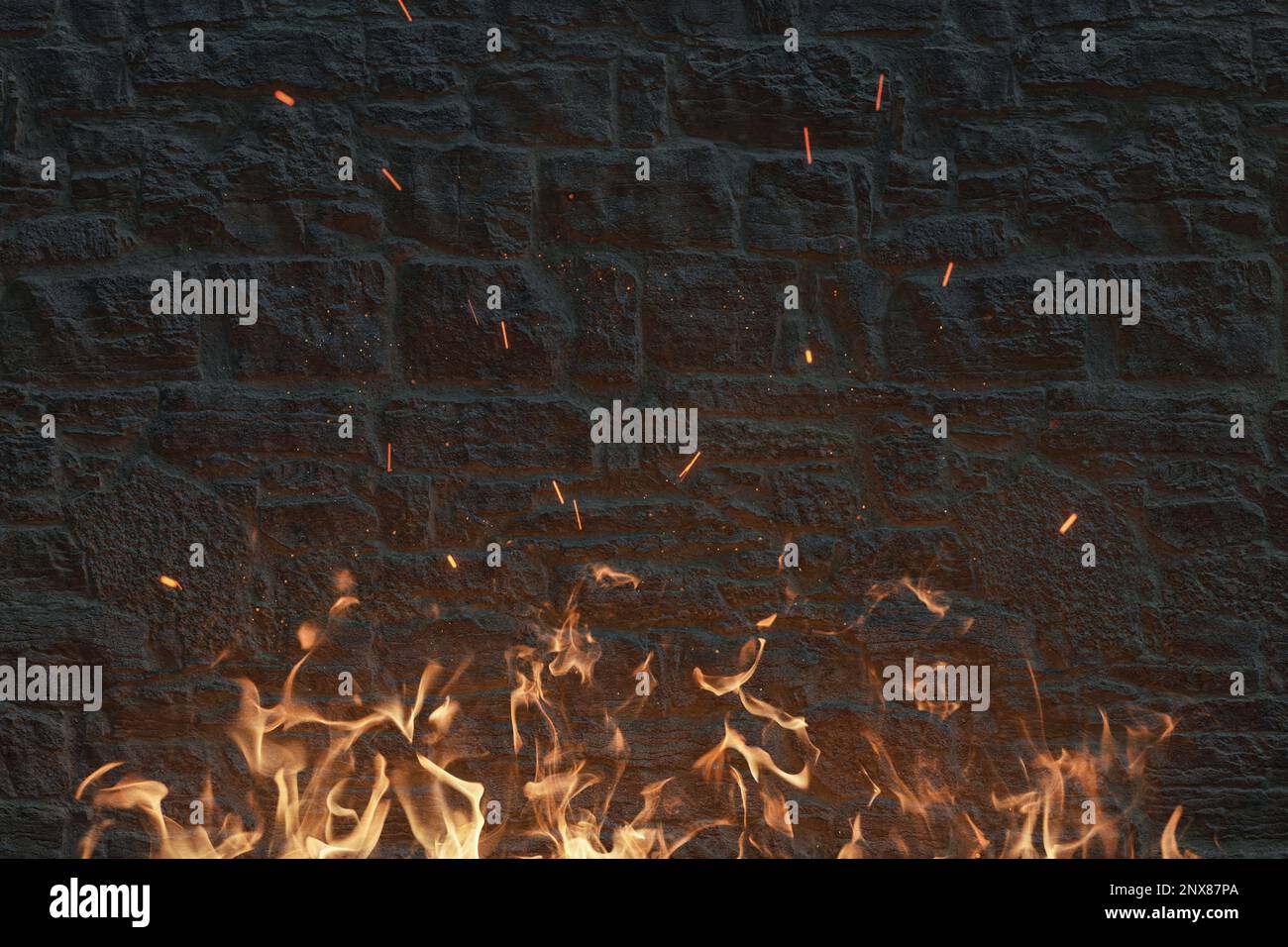 3D rendering of castle stone wall illuminated by blazing fire Stock ...