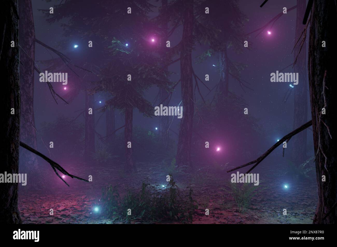 3D rendering of dark forest with glowing blue and magenta particles ...