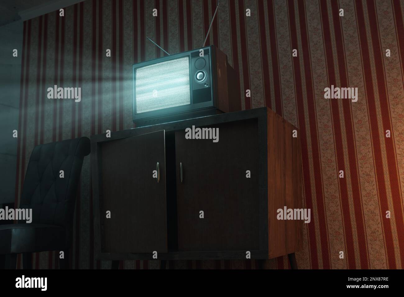 3d rendering of a haunted room with an old television with bright ...